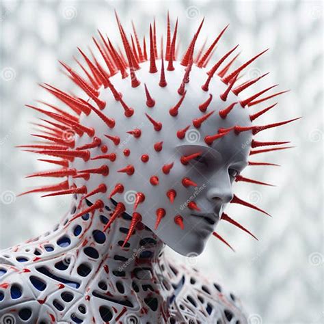 eccentric 3d rendering of a spike headed human in white and red stock illustration