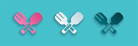 종이 컷 은 파란색 배경에 고립 된 포크와 숟가락 아이콘을 교차 조리 기구 칼 붙이 기호 종이 아트 스타일 벡터 3차원 형태에