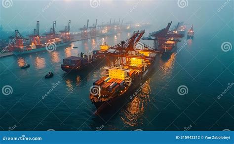 A Bustling Seaport With Cargo Ships Being Loaded And Unloaded By Towering Cranes Showcasing