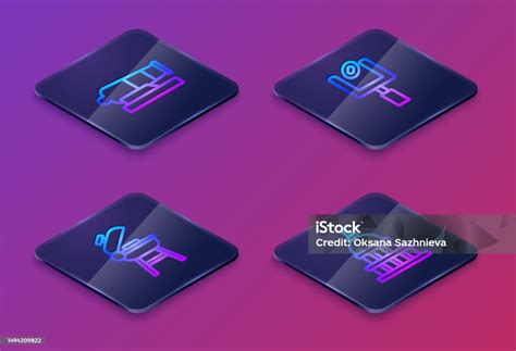 아이소메트릭 라인 캐논 바베큐 그릴 미식축구 골대 백악관을 설정하세요 파란색 사각형 버튼입니다 벡터 3차원 형태에 대한 스톡