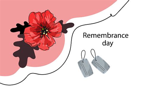 빨강 밝은 양귀비 꽃과 군인의 개 태그 우리가 잊지 않도록 평화의 국제적 상징 벡터 낙서 평면 손으로 그린 배너 현충일 현충일 앤잭 데이 포스터 Anzac Day에 대한