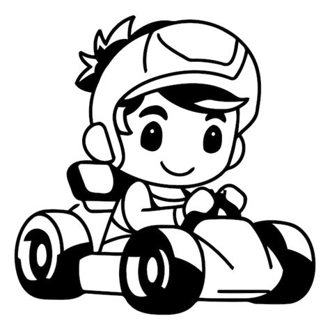 카트를 운전하는 귀여운 소년 터 만화 캐릭터 일러스트레이션 프리미엄 벡터