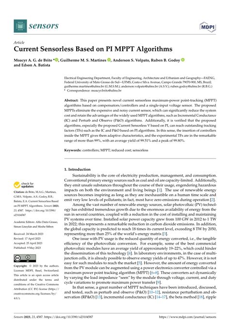 Pdf Current Sensorless Based On Pi Mppt Algorithms