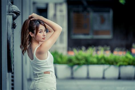 Photos Brown Haired Bokeh Posing Girls Asiatic Hands