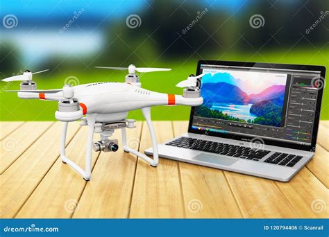 Quadcopter Drone And Laptop With Video Software Outdoors Stock Illustration Illustration Of