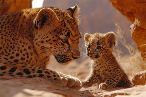 Tender Interaction Arabian Leopard Mother And Her Cub Amidst Arid