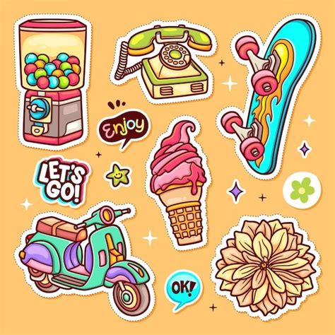 Sticker Icons Hand Drawn Doodle Coloring Vector Collection Premium
