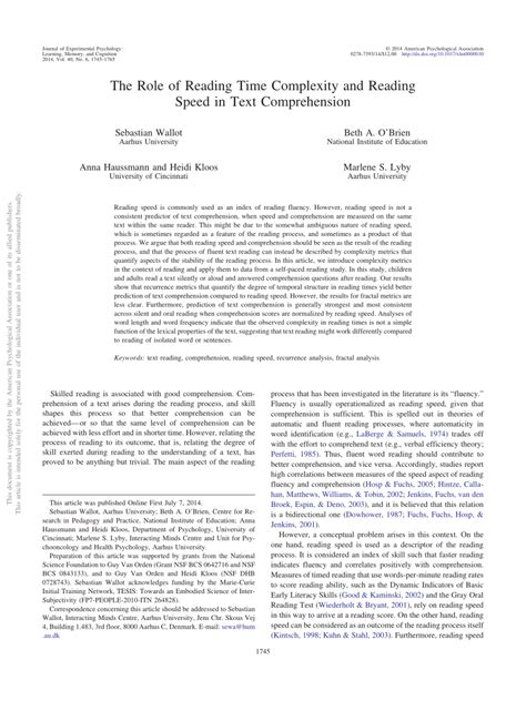 Pdf The Role Of Reading Time Complexity And Reading Speed In Text Comprehension