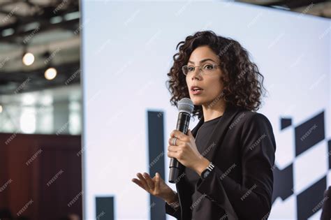 Side View Of Female Tech Entrepreneur Giving Speech While Holding