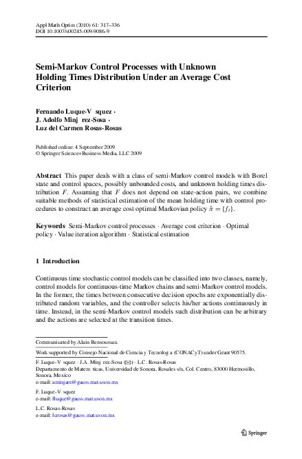 Pdf Semi Markov Control Processes With Unknown Holding Times Distribution Under An Average