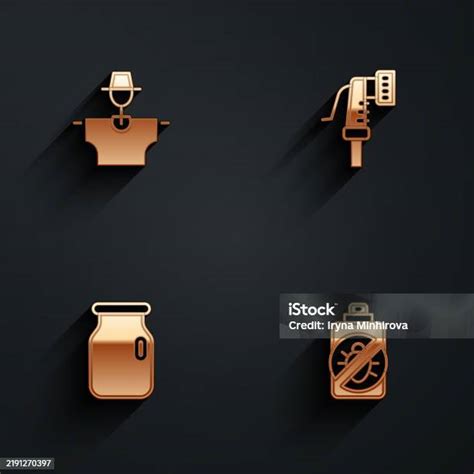 허수아비 정원 호스 스크류 캡이 있는 유리 항아리 및 긴 그림자가 있는 곤충 아이콘에 대해 스프레이를 설정합니다 벡터 0명에 대한 스톡 벡터 아트 및 기타 이미지 Istock