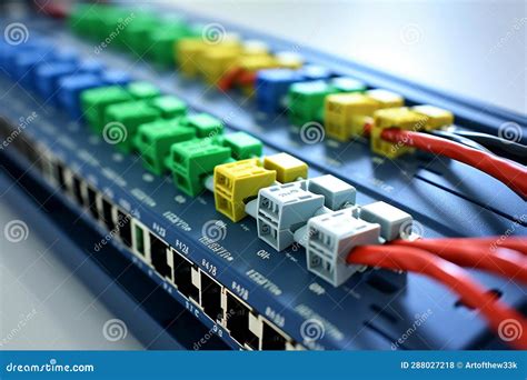 Organized Network Switch With Color Coded Cables And Led Lights Stock Illustration