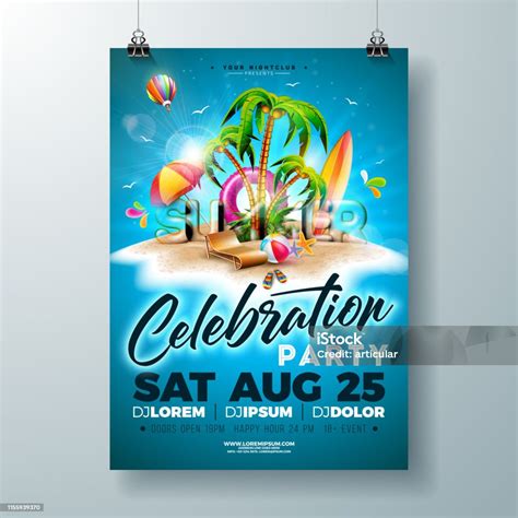 바다 블루 배경에 3d 타이포그래피 편지와 열대 섬 벡터 여름 파티 전단지 디자인 배너 전단지 초대장 포스터에 대한 비치 볼과