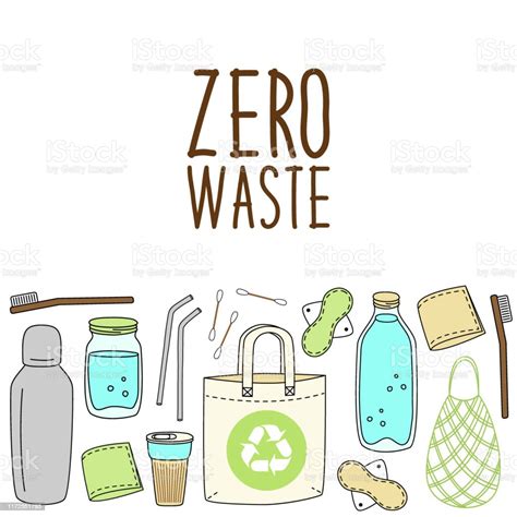 플라스틱 제로 폐기물 컨셉 에코 라이프 스타일 녹색 테마의 귀여운 손으로 그린 요소 0에 대한 스톡 벡터 아트 및 기타 이미지
