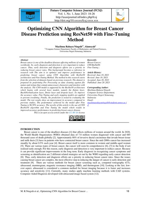 PDF Optimizing CNN Algorithm For Breast Cancer Disease Prediction Using ResNet With Fine