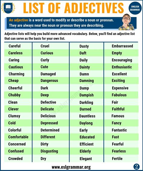 List Of Adjectives 534 Useful Adjectives Examples From A To Z With Exercises Esl Grammar