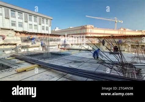Steel Bar Rebar Metal Framework Reinforcement For Concrete At Construction Site Timelapse Stock
