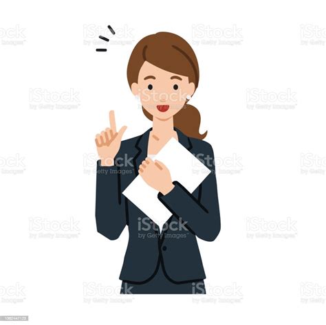 비즈니스 슈트 스타일의 여성은 포인팅 손 제스처와 함께 서 아이디어를 받고 재정 고문에 대한 스톡 벡터 아트 및 기타 이미지