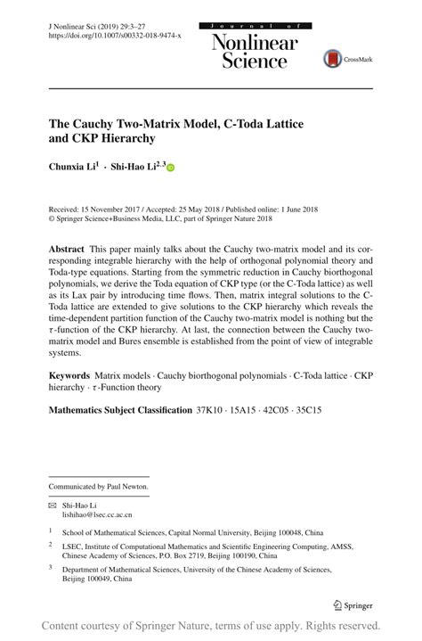 The Cauchy Two Matrix Model C Toda Lattice And Ckp Hierarchy Request Pdf