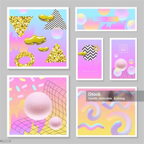 액체 추상 템플릿 집합입니다 골든 반짝이 기하학적 요소와 유체 색상입니다 포스터 배너 카드 브로셔 커버 플라이어 배경 벡터 일러스트 레이 션 3차원 형태에 대한 스톡 벡터