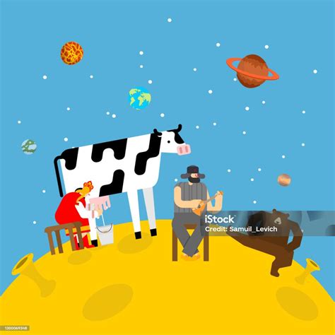달에 러시아 농장 여자는 젖소를 우유 남자는 발라라이카를 연기한다 곰이 춤을 추고 있다 달 표면에 공간에 있는 러시아 마을 건축에 대한 스톡 벡터 아트 및 기타 이미지