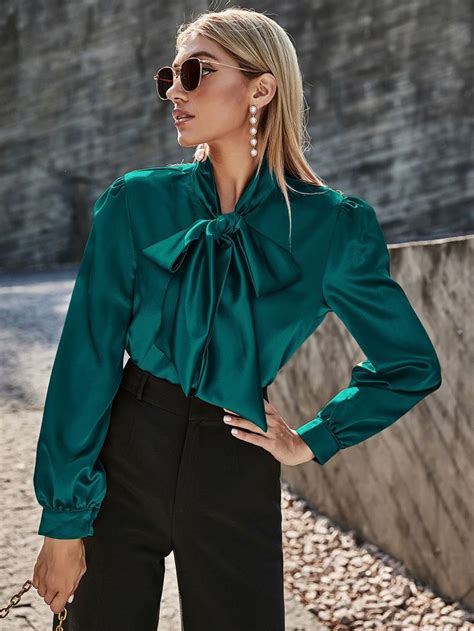 Solid Tie Neck Satin Blouse Green Blouse Outfit Bow Blouse Outfit