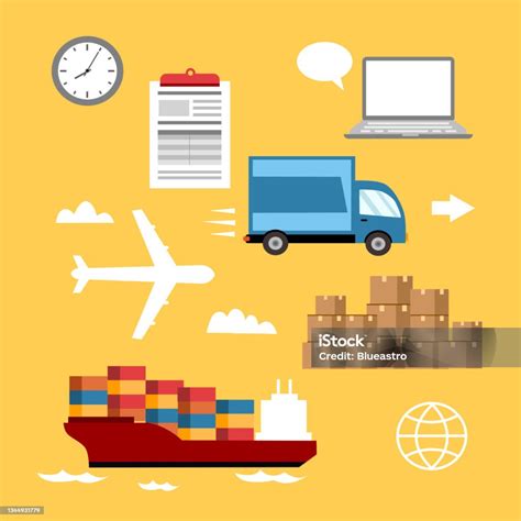 명시적 국제 배송 벡터 일러스트와 온라인 비즈니스 글로벌 거래 평면 디자인의 패키지 비행기 배달 트럭 선박 및 문서 마케팅에 대한 스톡 벡터 아트 및 기타 이미지 Istock