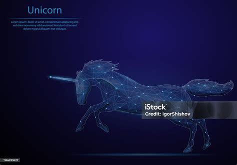 행성 별과 우주의 형태로 포인트 라인 모양으로 구성 된 별이 빛나는 하늘의 형태로 유니콘의 추상적 인 이미지 낮은 폴 리 벡터