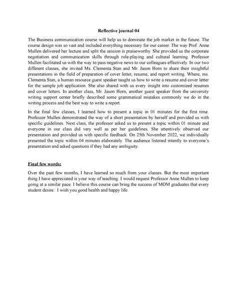 Reflective Journal 4 Reflective Journal 04 The Business Communication Course Will Help Us To