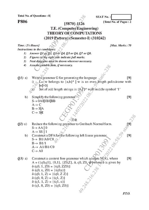 endsem toc all pyq question paper total no of questions 8] [5870