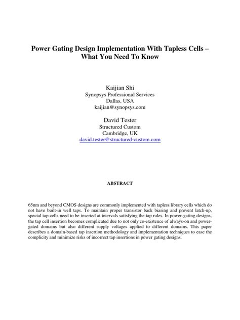 Power Gating Design Implementation With Tapless Cells Pdf Cmos Integrated Circuit