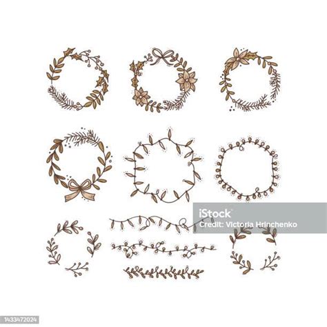 선물 활 화환 홀리 꽃 편지 따옴표 및 장식으로 손으로 그린 크리스마스 화환 컬렉션 겨울 휴가 디자인 요소 흰색 배경에 고립 된 낙서 벡터 일러스트레이션 0명에 대한 스톡