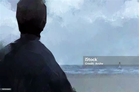 해변에서 흰색 드레스를 입고 소녀를 바라보는 남자의 디지털 아트 페인팅 캔버스 질감에 오일 여자에 대한 스톡 벡터 아트 및 기타 이미지 Istock