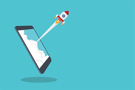 앱 실행 시작 벡터 개념 플랫 만화 로켓 또는 로켓 발사 휴대 전화 또는 스마트 폰 성공적인 비즈니스 프로젝트 시작의 아이디어 기술 향상 혁신 Launch Party에 대한