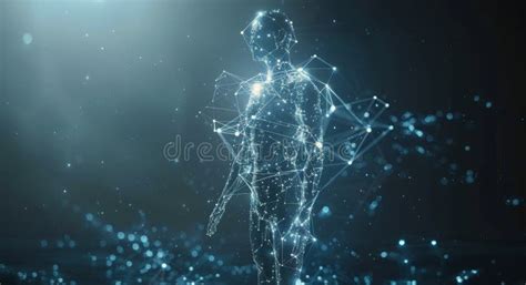 Abstract Digital Human Figure Composed Of Connecting Lines And Points On A Dark Blue Background