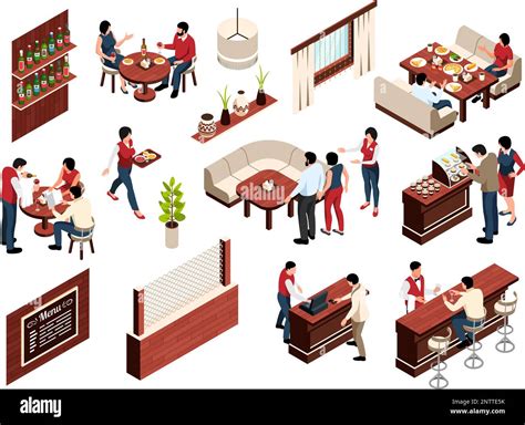 Isometric Restaurant Icons Set With Furniture Interior And Working Staff Isolated Vector