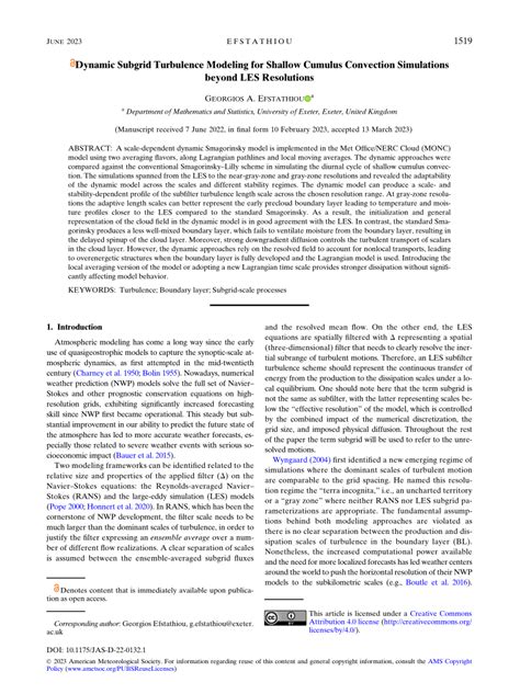 Pdf Dynamic Subgrid Turbulence Modeling For Shallow Cumulus Convection Simulations Beyond Les
