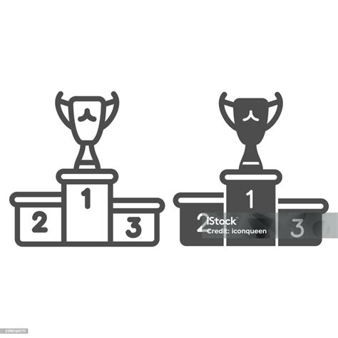 챔피언 컵 라인과 견고한 아이콘 스포츠 게임 및 경쟁 개념이 있는 우승자 받침대 벡터 그래픽 흰색 배경에 수상 트로피 스탠드