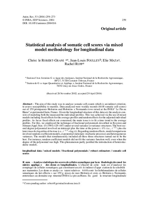 pdf statistical analysis of somatic cell scores via mixed model