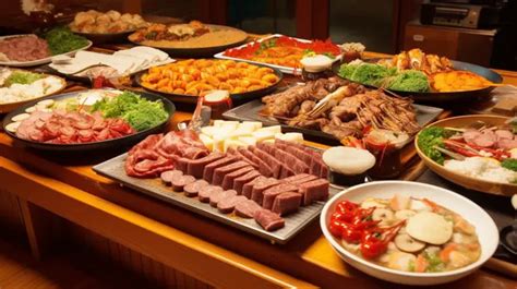 여러 종류의 음식이 있는 뷔페 뷔페 음식 모임 뷔페 플래터 음식 저녁 식사 스테이크 호텔 음식 고기 요리 디저트 고화질 사진 사진 음식 배경 일러스트 및 사진 무료