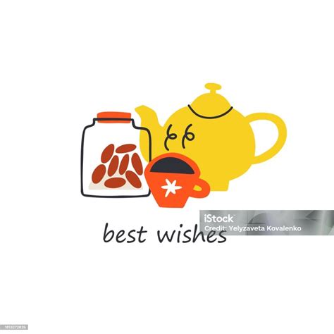 행운을 빕니다 찻주전자 컵 쿠키 인사말 카드입니다 평면 스타일의 벡터 그림입니다 겨울에 대한 스톡 벡터 아트 및 기타 이미지 겨울 계절 공휴일 Istock