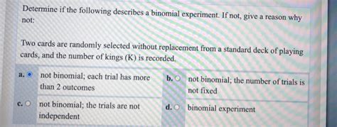 Solved Determine If The Following Describes A Binomial Chegg
