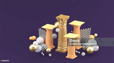 보라색 배경에 화려한 공의 중간에있는 로마 기둥3d 렌더링 기둥 건축적 특징에 대한 스톡 사진 및 기타 이미지 기둥 건축적 특징 3차원 형태 디지털 생성 이미지