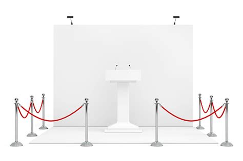 무역 박람회 부스 화이트 연단 트리뷴 연단 스탠드 마이크와 주위 장애물 로프 3 차원 렌더링 공란에 대한 스톡 사진 및 기타 이미지 Istock