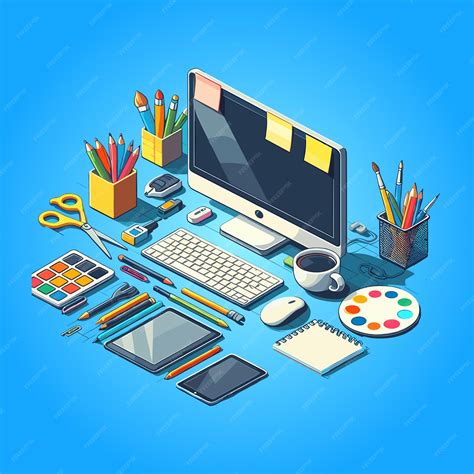 flat illustration of computer and graphic designing setup premium ai