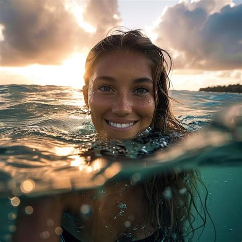 Premium Photo A Woman Swimming In The Ocean With The Sun Behind Her