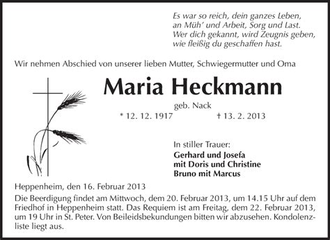 Traueranzeigen Von Maria Heckmann Vrm Trauer De