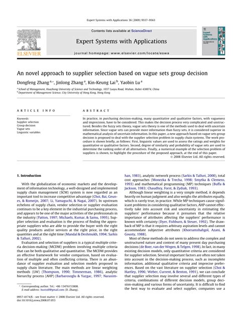 Pdf A Novel Approach To Supplier Selection Based On Vague Sets Group Decision Vol 36 Pg 9557