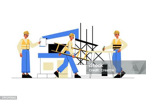 협력과 개발을 상징하는 평면 벡터 일러스트 레이 션에서 건설 프로젝트에 종사하는 건축업자 팀 흰색 배경에 고립 된 개발에 대한 스톡 벡터 아트 및 기타 이미지 Istock