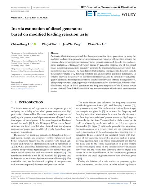 Pdf Inertia Estimation Of Diesel Generators Based On Modified Loading